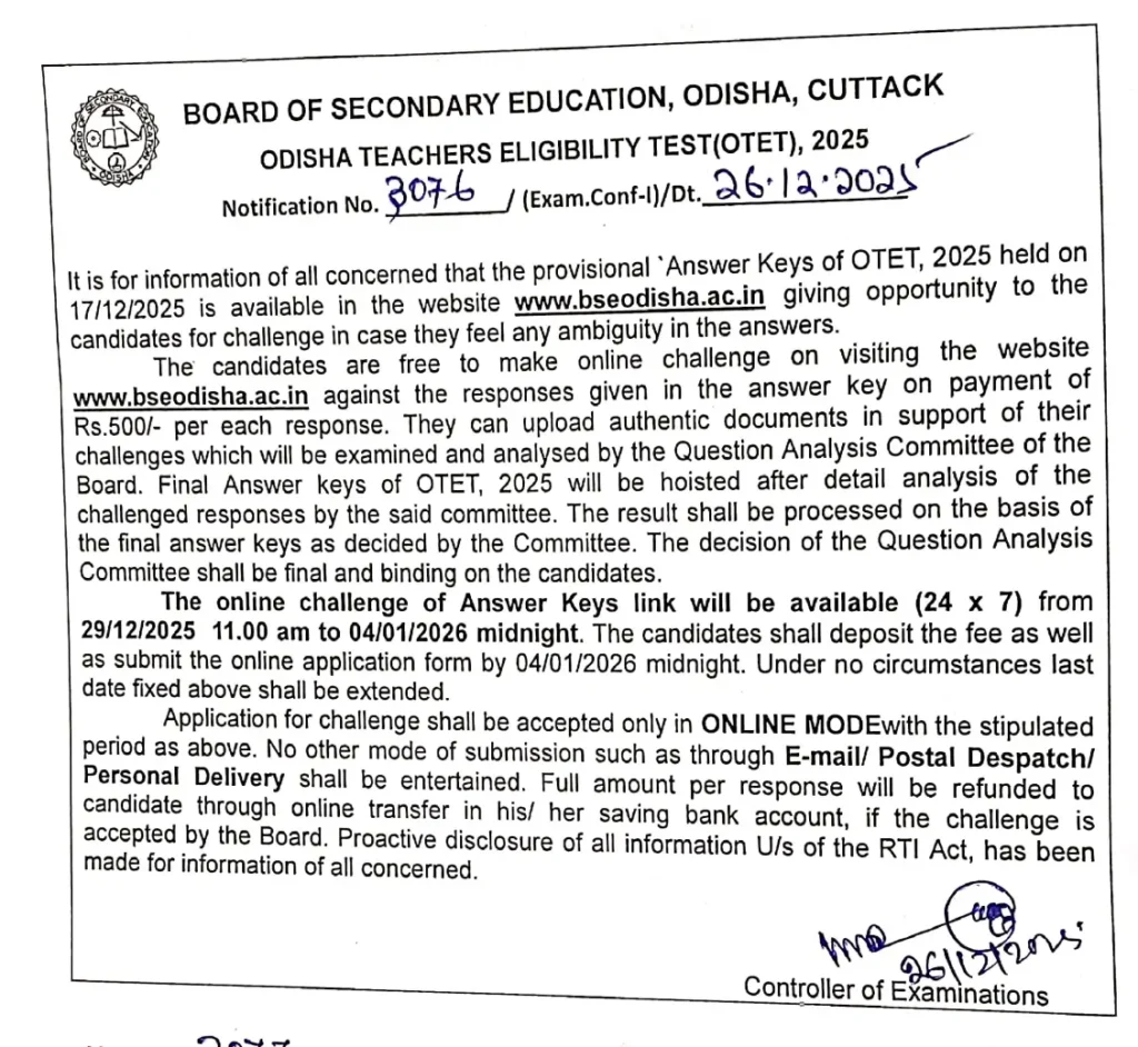 OTET Answer Key 2025 Released at bseodisha.ac.in, Raise Objections