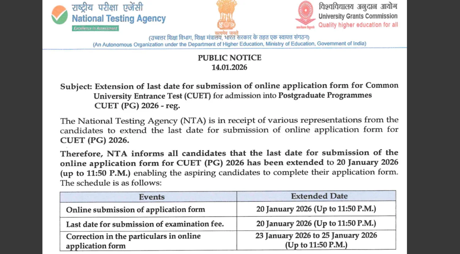 CUET PG 2026 Registration Deadline Extended, Apply Online Till January 20