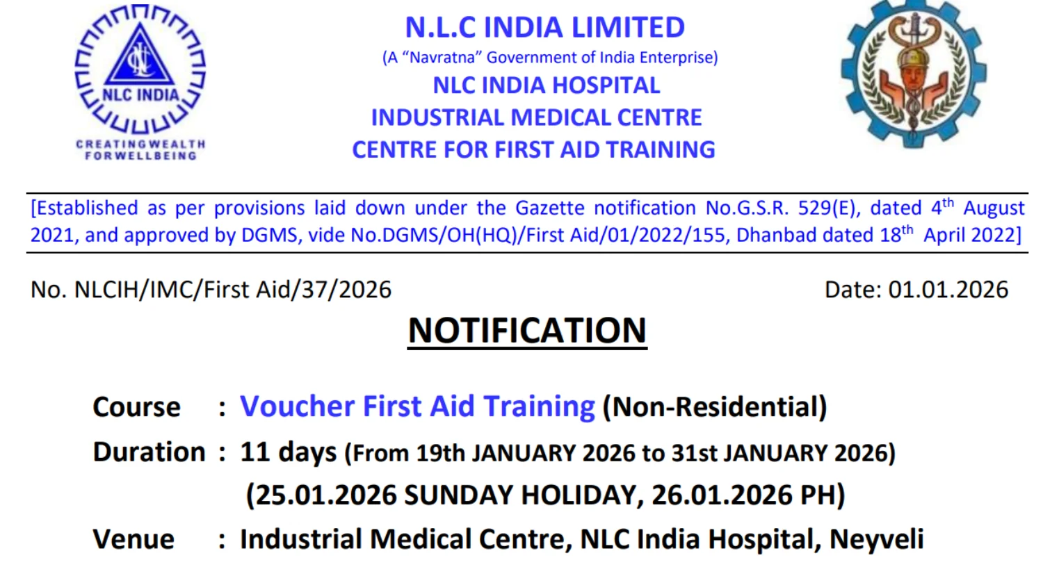 NLCIL Issues Voucher First Aid Training Notification