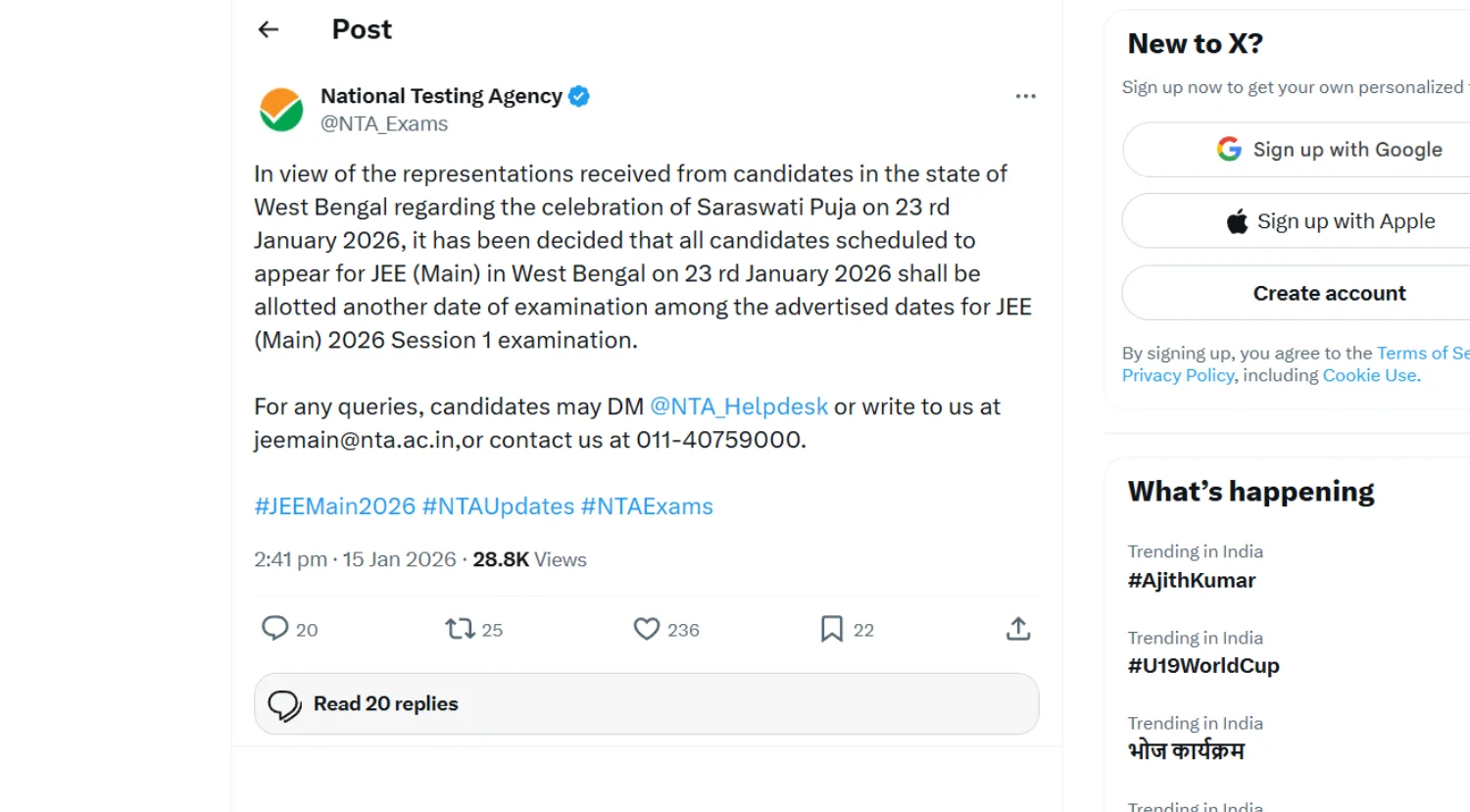 NTA Reschedules JEE Main 2026 Session 1 for West Bengal Due to ...